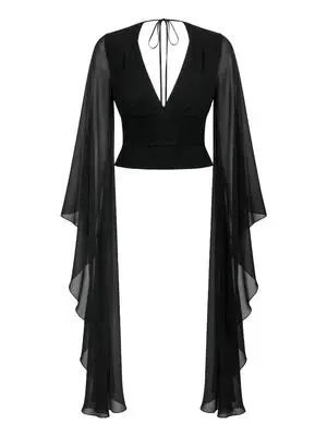 GEMY MAALOUF V-neck Draped-sleeve Top - Black