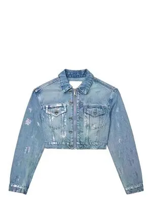 PURPLE BRAND Monogram-print Cropped Denim Jacket - Blue