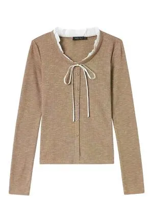 TOUT A COUP Ruffle-trimmed Ribbed-knit Cardigan With Front Bow Detail - Neutrals