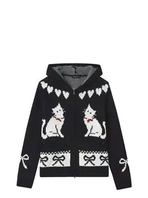 TOUT A COUP Intarsia-knit Cat-motif Hoodie - Black