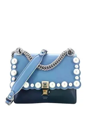 Fendi Kan I Bag Pearl Embellished Leather Small Crossbody Bag - Blue