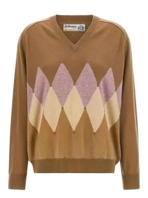 BALLANTYNE Diamond Intarsia V-neck Cashmere Sweater - Brown