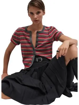 ME+EM ME+EM Striped Cashmere Puff Sleeve Button-Through Tee