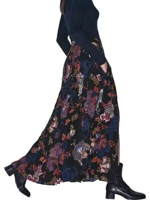 ME+EM Paisley Print Pleated Maxi Skirt - Black Multi
