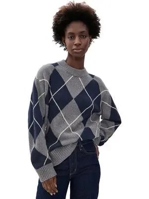 REFORMATION Cove Cashmere Argyle Crewneck Sweater - Thunder Multi Argyle