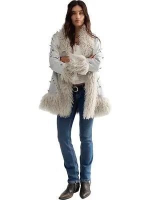 UNDERSTATED LEATHER Embellished Faux Fur Trimmed Coat - White/silver