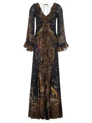 Etro Long Dress With V-neck And All-over Print - Brown