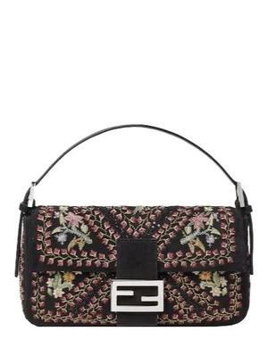 FENDI FENDI Baguette Embroidered Suede Shoulder Bag