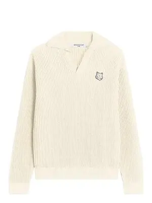 Maison Kitsuné Fox Head Ribbed Polo Jumper - Sand Shell