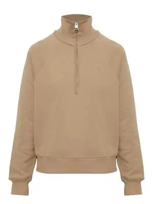 AMI Paris Zip-collar Sweatshirt With Embroidered Logo - Beige