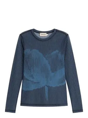 THINKING MU Sheer Lotus Print Long Sleeve Top - Blue