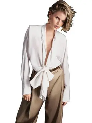 ATELIER Atelier Silk Crepe De Chine Tie-Front Shirt Ivory