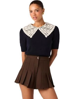 Astr The Label Carianne Lace Collar Puff Sleeve Sweater - Navy