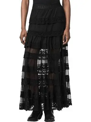 ALLSAINTS Allsaints Maggie Lace Trim Tiered Maxi Skirt Black