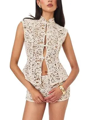 MISS CIRCLE NEW YORK Rosetta Cotton Crochet Mandarin Collar Top - Cream
