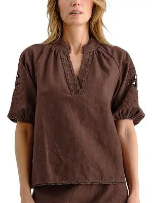 CARTOLINA CARTOLINA Catalina Embroidered Linen Blend Top Cacao