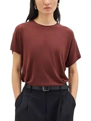 Another Tomorrow Featherweight Sheer Wool Crewneck Top - Cinnamon
