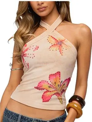 EDIKTED Nadina Floral Rhinestone Halter Top - Beige