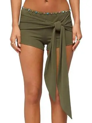 EDIKTED Edikted Monroah Embellished Waistband Low Rise Shorts Olive
