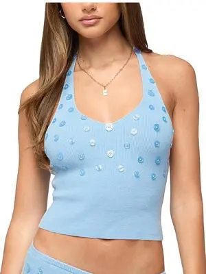 EDIKTED Button Knit Halter Top - Light-blue