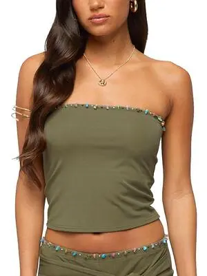 EDIKTED Monroah Bead Strapless Top - Olive