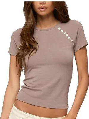 EDIKTED Iridescent Button Raglan T-shirt - Taupe