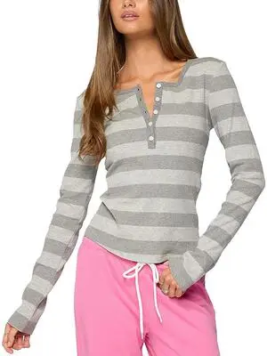 EDIKTED Dea Striped Long Sleeve Henley T-shirt - Gray-melange