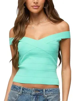EDIKTED Niva Off Shoulder Bandage Knit Top - Aqua