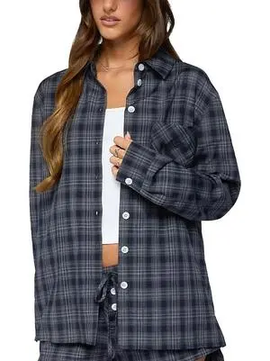 EDIKTED Alessa Plaid Button Up Long Sleeve Top - Dark-blue