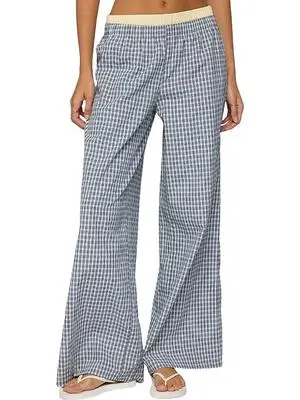 EDIKTED Indya Contrast Plaid Wide Leg Pants - Navy