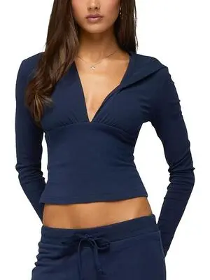 EDIKTED Natashah Hooded Long Sleeve Top - Navy