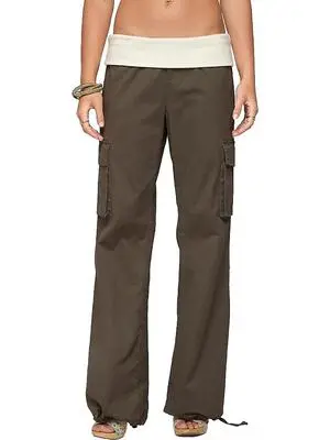 EDIKTED Jolee Contrast Ribbed Foldover Cargo Pants - Olive