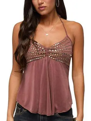 EDIKTED Ivana Studded Halter Top - Brown