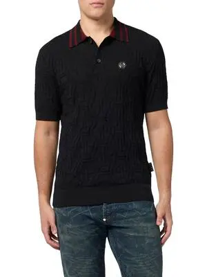 Philipp Plein Cotton Knit Polo Shirt With Contrast Hexagon Logo - Black