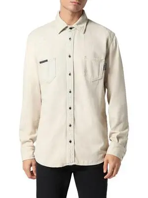 Philipp Plein Cotton Denim Shirt With French Collar And Patch Pockets - Cream