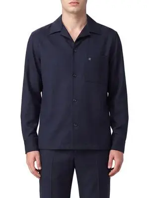 Tagliatore Casual Cuban Collar Shirt In Stretch Virgin Wool With Patch Pockets - Blue