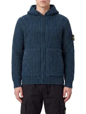 Stone Island Ribbed Knit Zip-up Hoodie - Blue