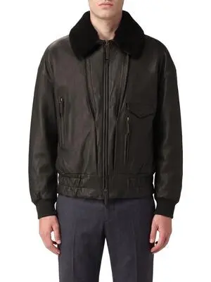 Giorgio Armani Leather Bomber Jacket With Shearling Collar - Dark