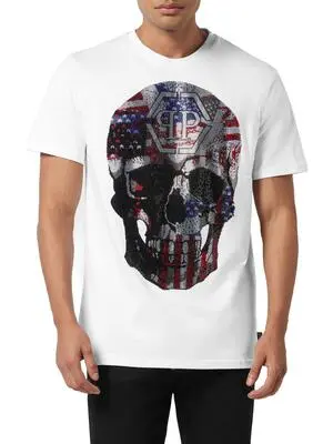 Philipp Plein Cotton Jersey T-shirt With Skull Print And Rhinestone Logo - White