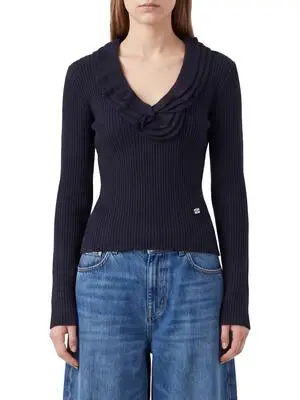 GANNI Ribbed Knit Sweater With Ruffle Neck - Blue