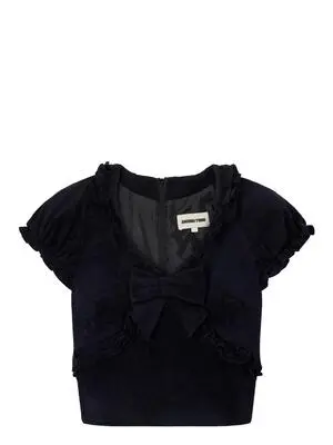 SHUSHU/TONG SHUSHU TONG Velvet Bow-Tie Ruffle Cropped Top Blue