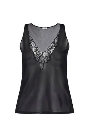 Balmain BALMAIN Lace Trim Sheer V-Neck Tank Top Black