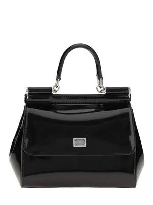 Dolce & Gabbana Small Sicily Glossy Calfskin Handbag - Black