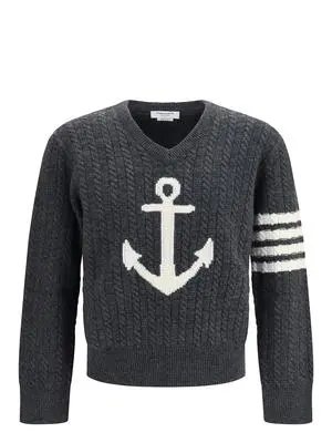 Thom Browne Anchor Motif Merino Wool Sweater - Gray