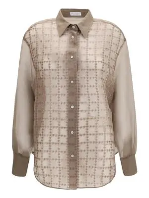 Brunello Cucinelli Sheer Checked Shirt With Sequins - Cream