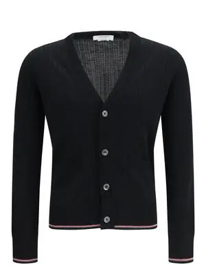 Thom Browne Ribbed Merino Wool V-neck Cardigan - Black