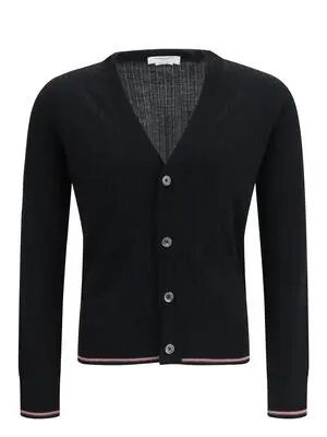 Thom Browne Ribbed Merino Wool V-neck Cardigan - Black
