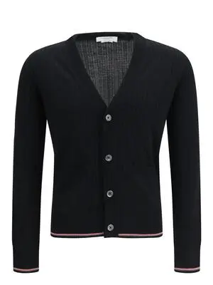 Thom Browne Ribbed Merino Wool V-neck Cardigan - Black