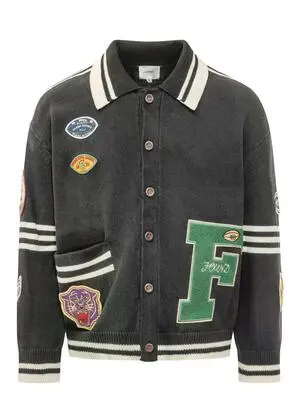 FOUND Patch Detail Striped Trim Cardigan Black