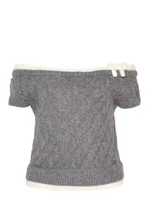 SHUSHU/TONG Cable Knit Bow Detail Off-the-shoulder Top - Grey